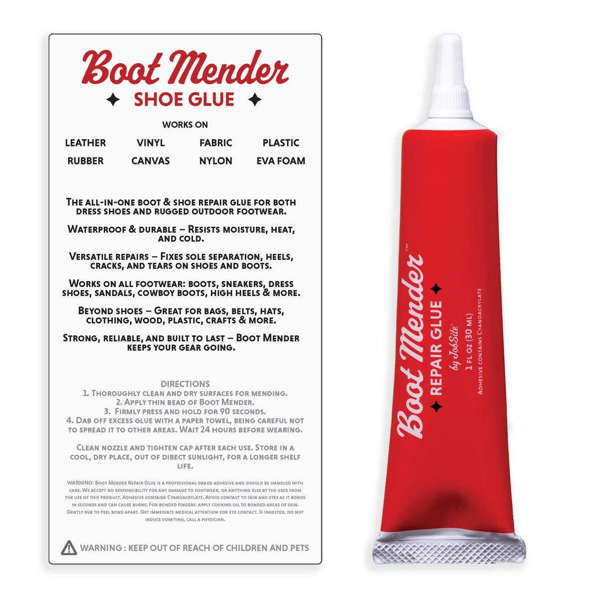 JobSite Boot Mender Glue - Shoe Glue Sole Repair - Clear, Instant Bond ...